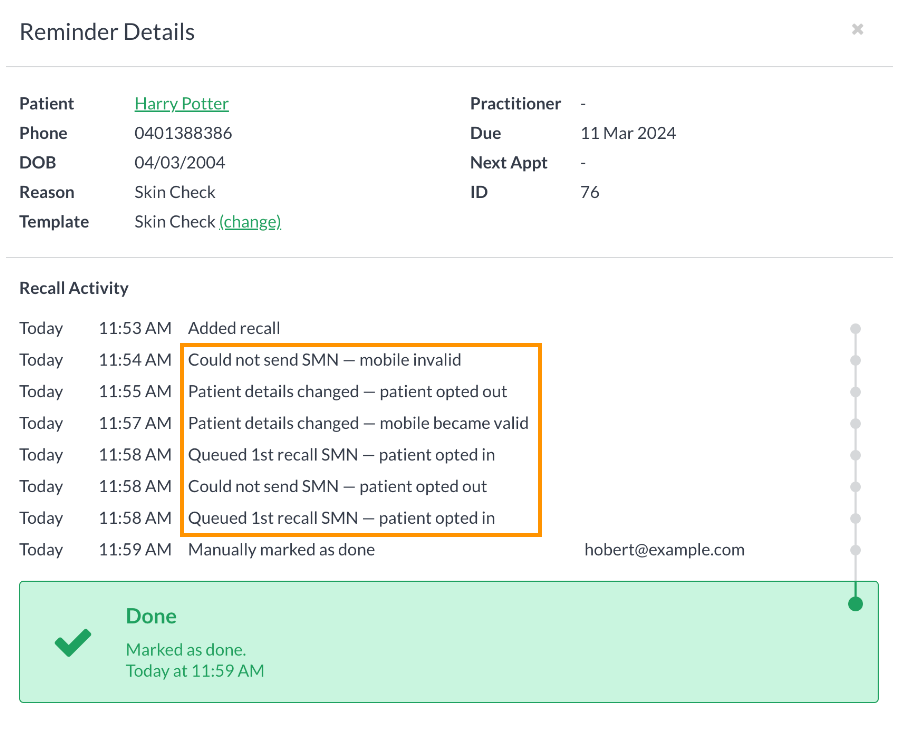 How can I see why a recall could not send via SMS/Push Notification or ...