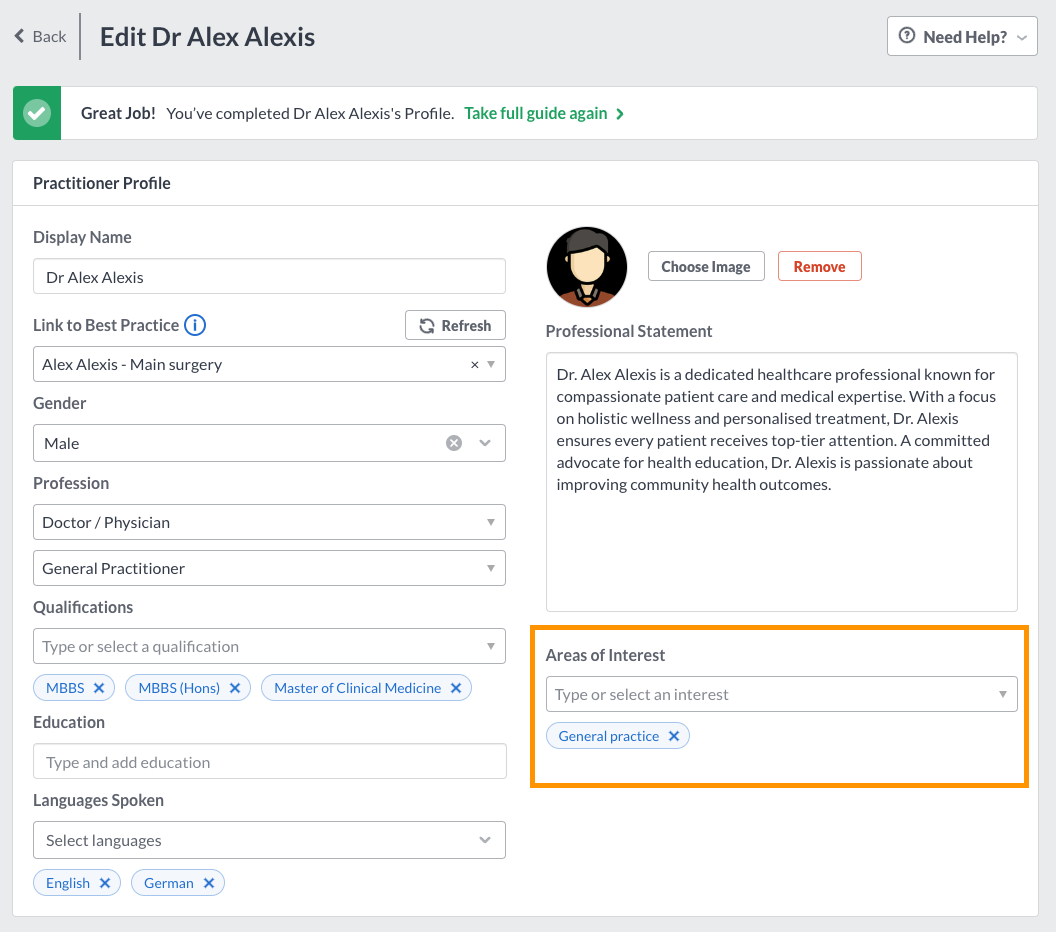 How to use the 'Areas of Interest' field in the Practitioner Profile ...