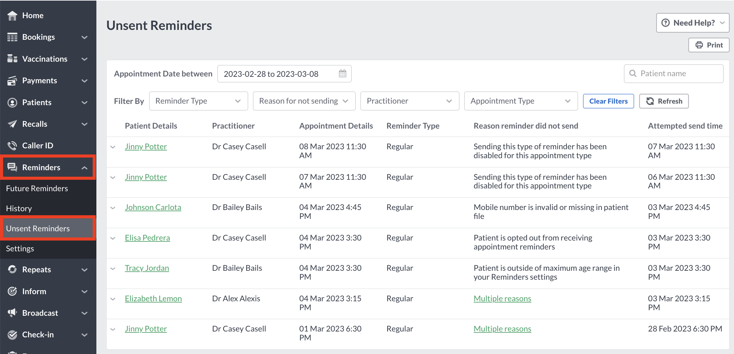 How do I search for an appointment reminder using the patient's name ...